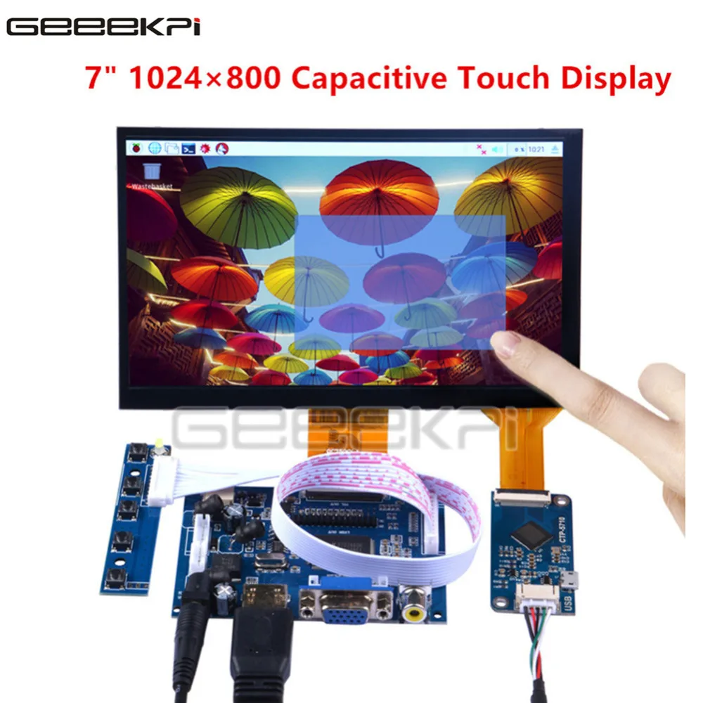 Geeekpi monitor com tela touch capacitiva, 7 polegadas, 1024x600, para ...