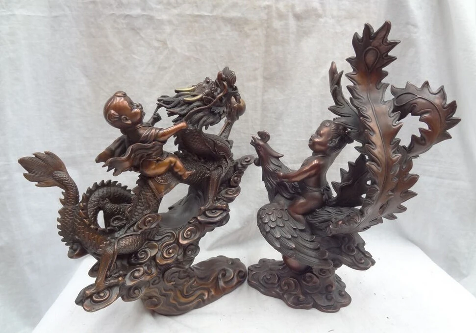 14" Chinese Pure Bronze Kid Child Girl Boy Ride Dragon Phoenix Statue ...