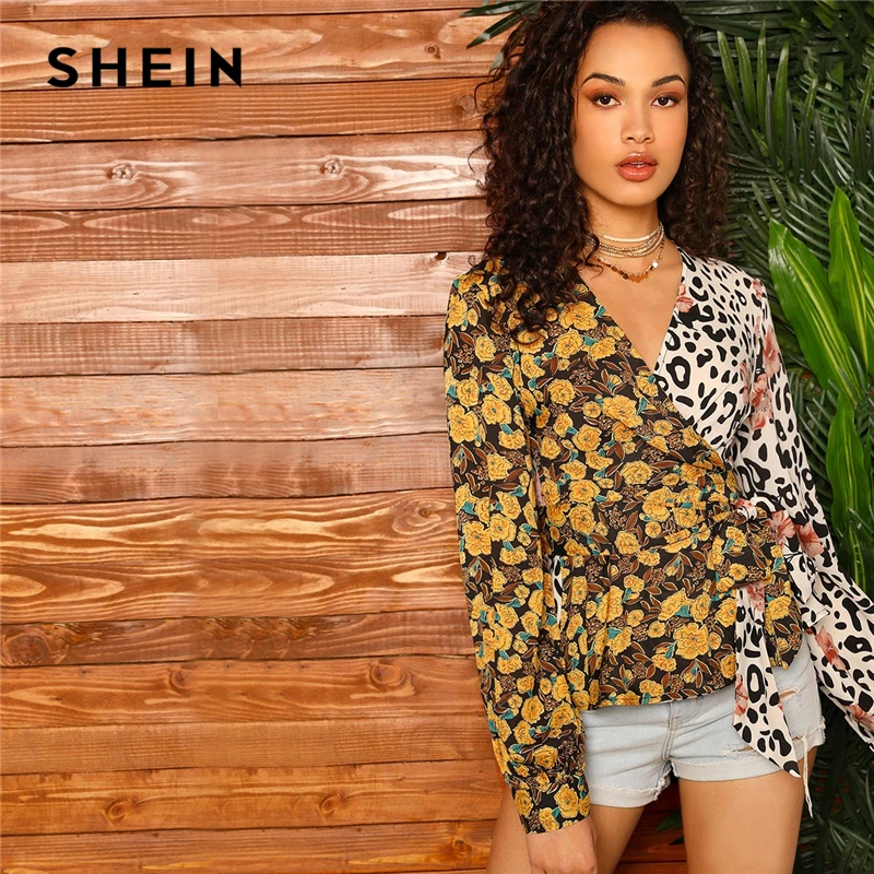 Buy Shein Multicolor Floral And Leopard Print Surplice