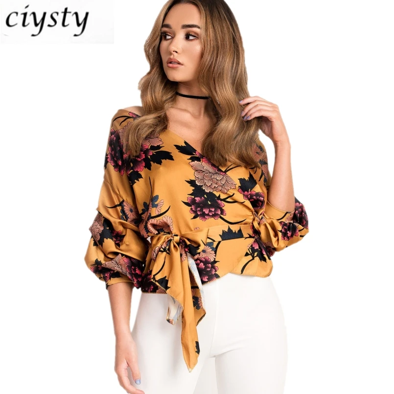 Satin Women V Neck Sexy Boho Blouse Print Floral Bandages Beach Style Blouse Bohemian Ladies Top