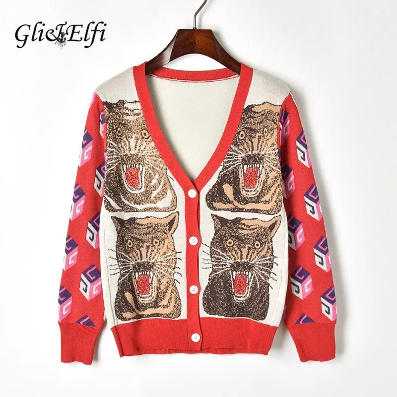 Women Knitted Cardigan Four Tiger Jacquard Sweater Tops 2018 Autumn ...
