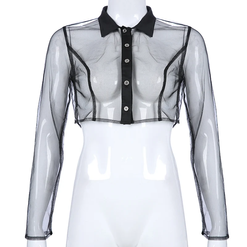 Women Sheer Mesh Fish Net Long Sleeve Crop Top Shirt Black Lace ...