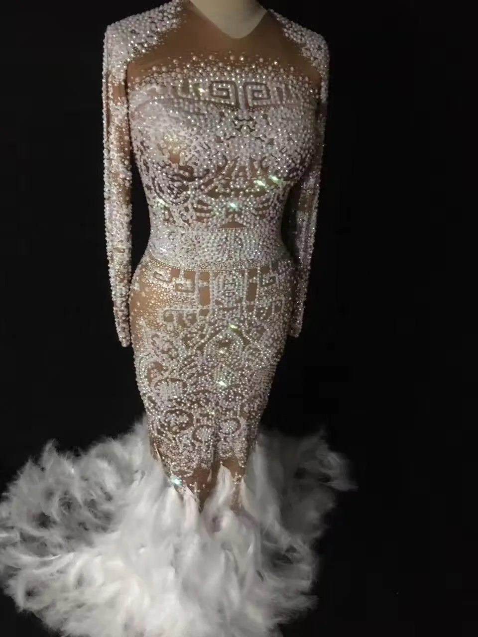 Sexy Sparkly Ab Crystals Feather Dress Women Summer Party Costume Stage