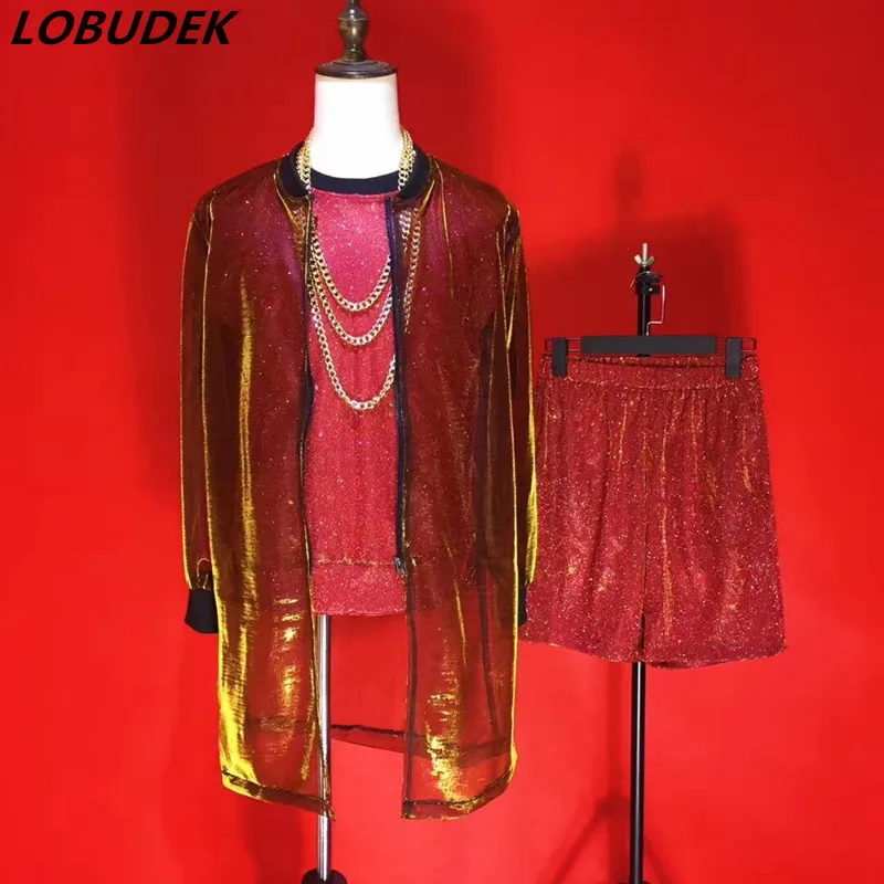 (Jacket+Vest+Pants) Red 3 Piece Sets Fashion Tide Men' Suit Nightclub ...