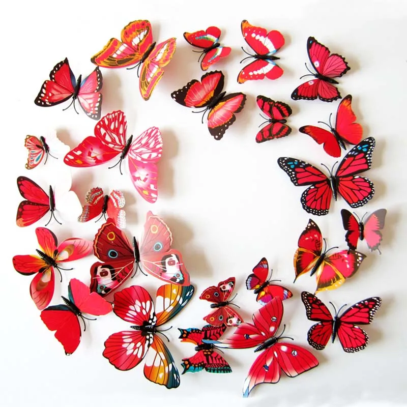12Pcs Home Decor Bedroom Wedding Room Decals PVC 3D Butterfly Red Wall ...
