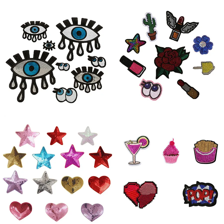Sequin Embroidered Patches Heart Star Motif Cartoon Patches For Clothing DIY Patch Sew Iron on ...