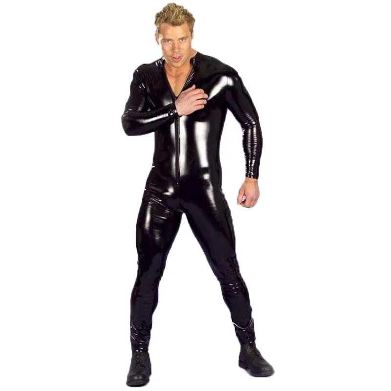 Plus Size 3xl Men Leather Latex Catsuit Jumpsuit Sexy Lingerie For Men