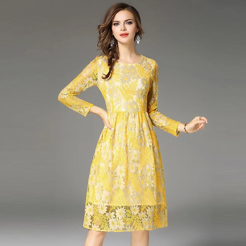 2019 Spring Women Fashion Elegant Hollow Out Yellow Lace Dresses Long ...