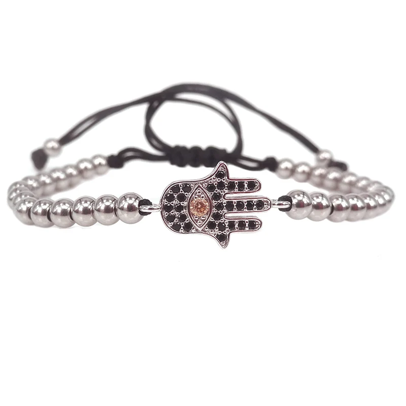 Pulsera trenzada de macramé para hombre y mujer, brazalete de plata pavé negro, CZ, mano Hamsa y ...