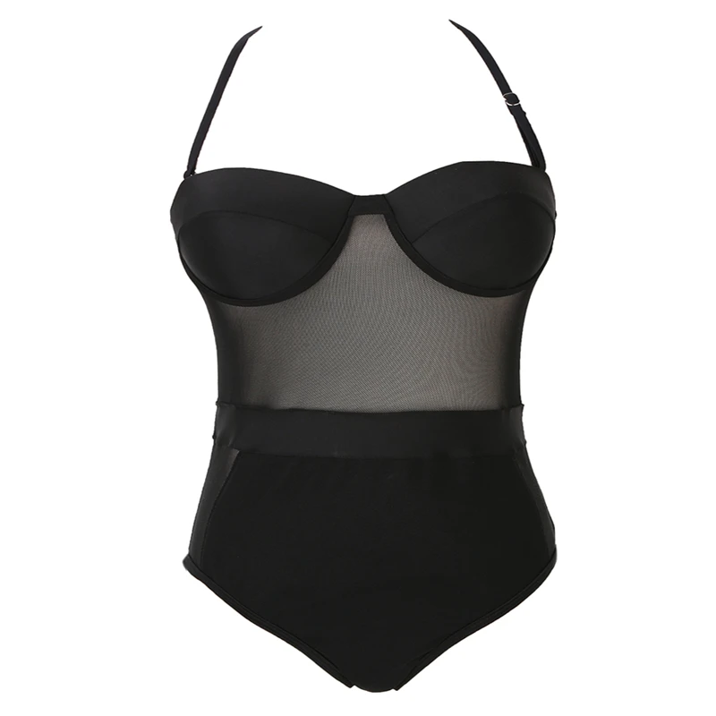 Bather Black White Sheer Mesh Splicing Sexy One Piece Bodysuit For