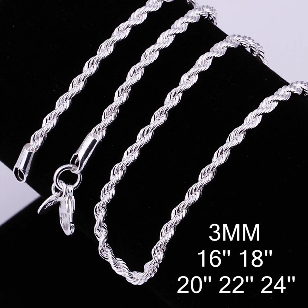 3MM Flash Twisted Rope Chain Necklace Plating Silver Jewelry Thick ...