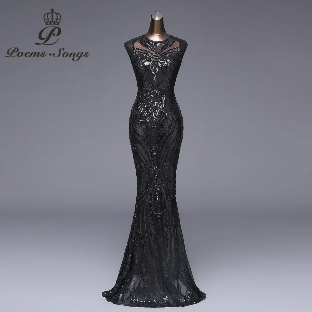 Poems Songs Elegant Long Black Sequin Evening Dress Vestido De Festa ...