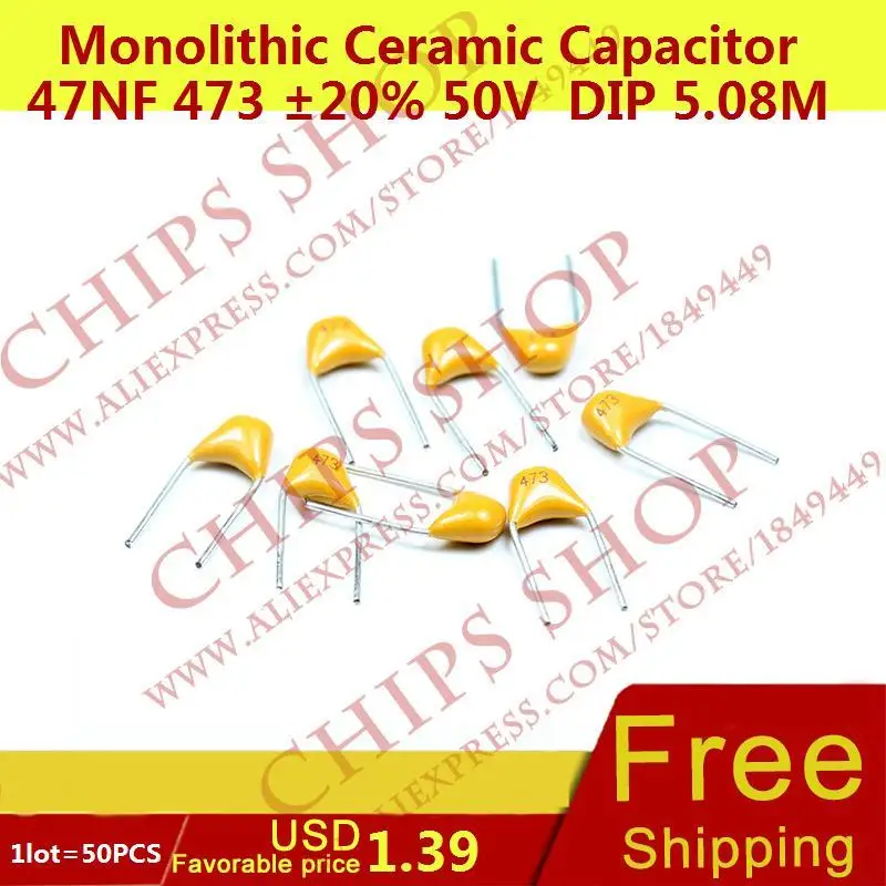 1LOT=50PCS Monolithic Ceramic Capacitor 47nF 473 20% 50V DIP 5.08MM ...