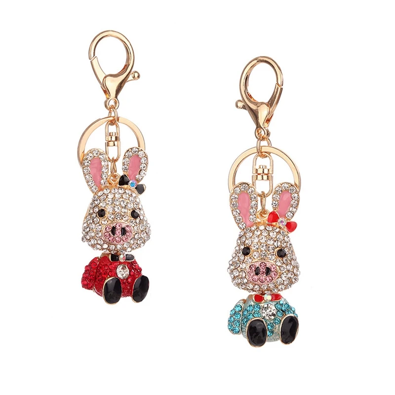 Fashion cartoon naughty rhinestone rabbit key chains cute bunny pig car ...
