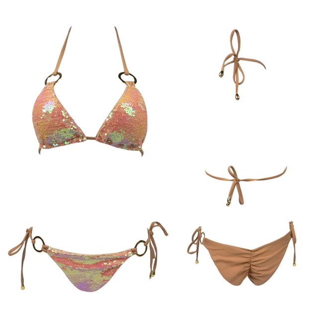 Women Sexy Two Piece Shiny Sequin Halter Bikini Set Padded Bra Bandage