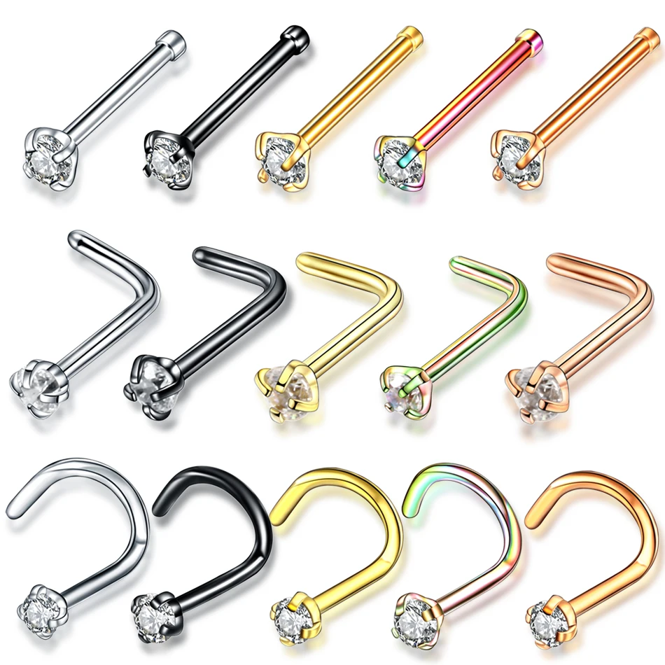 1PC Steel Crystal Gem Nose Bone Screw L Shape Nose Stud Piercings Screw ...