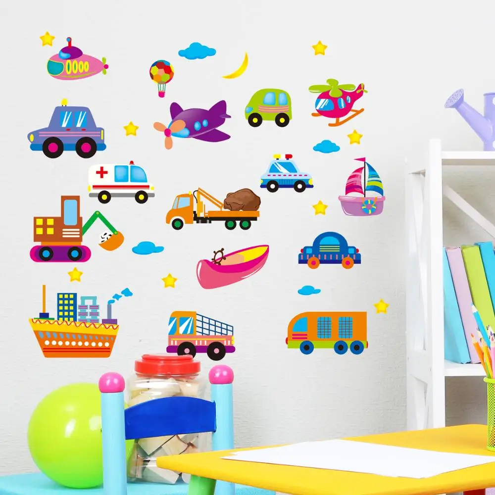 Cartoon car wall stickers baby room nursery classroom backdrop bedroom ...