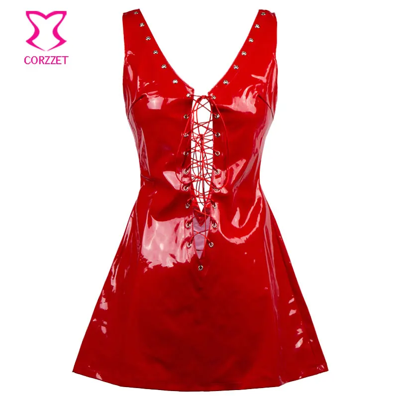 Deep V Neck Lace Up Sleeveless Backless Short Red Pvc Fetish Dress Club Deep V Neck Lace Up Sleeveless Backless Short Red Pvc Fetish Dress Club