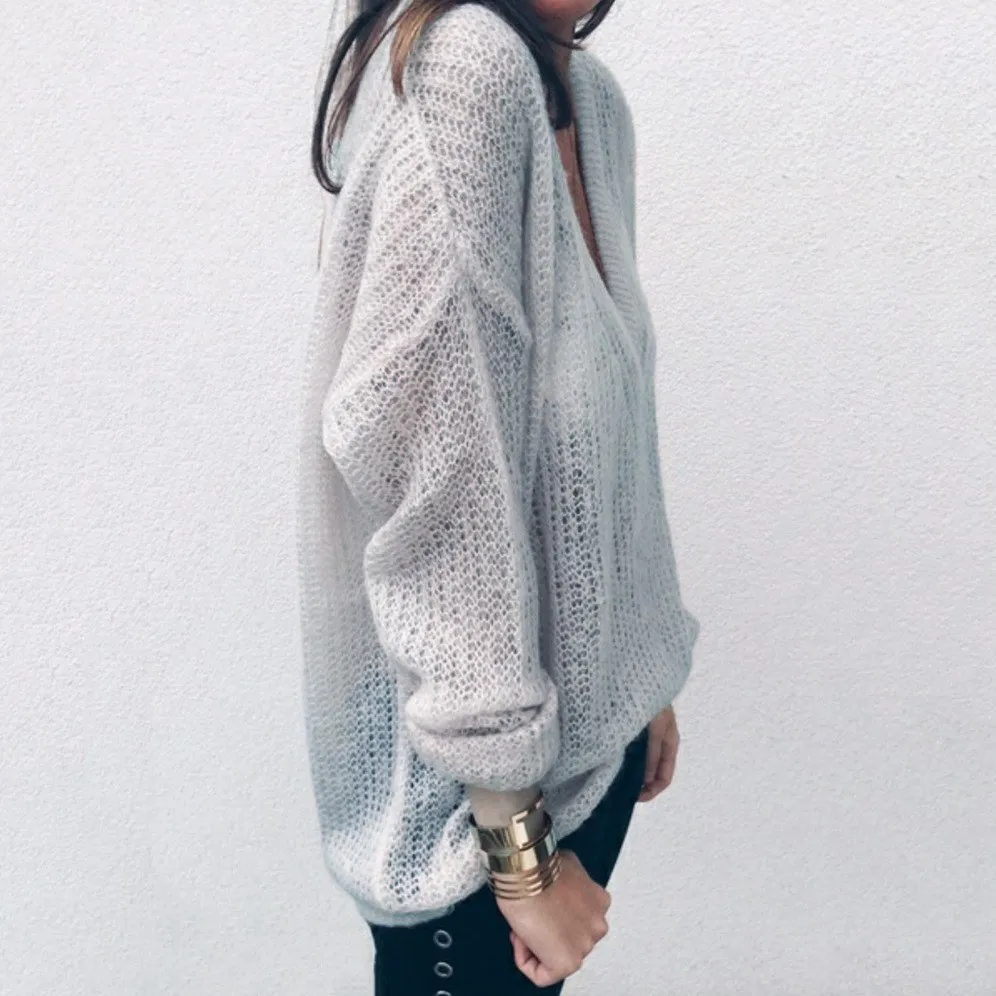 2018 Autumn New Women Deep V Neck Knitted Sweater Loose Oversize Casual