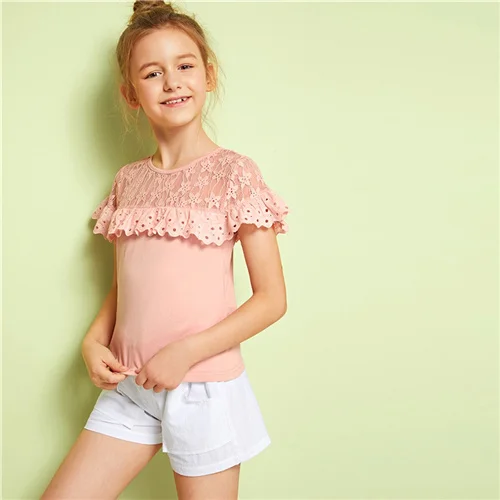 SHEIN Kiddie Girls Lace Yoke Eyelet Embroidered Ruffle Trim Cute Blouse ...
