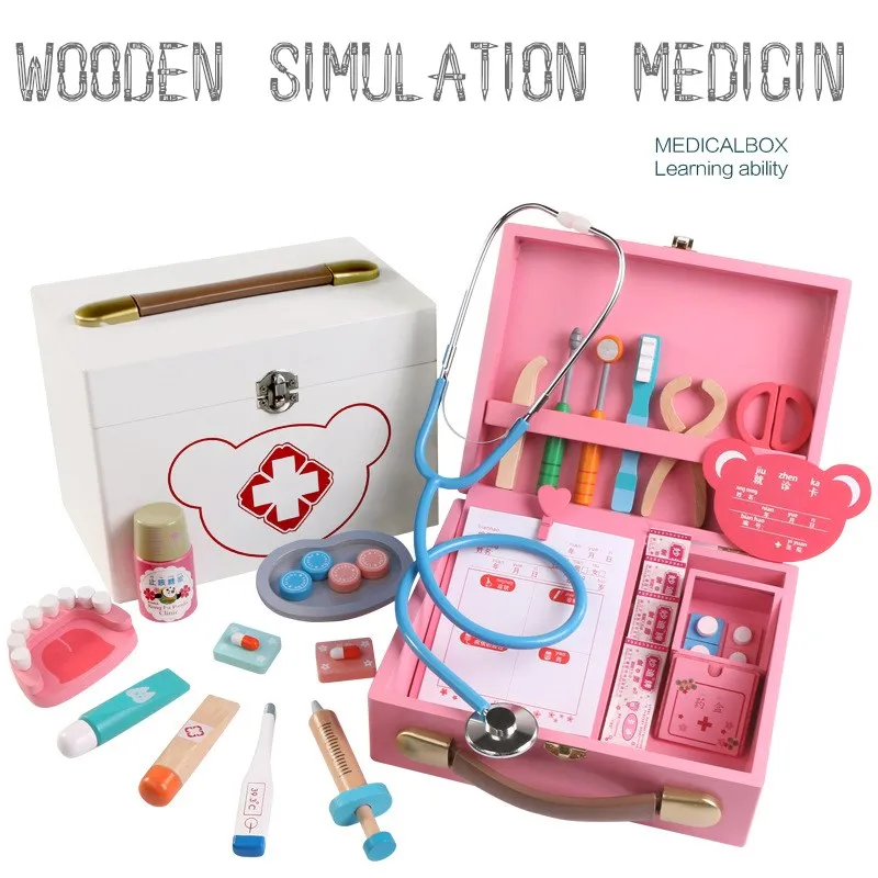 Blue Pink Wooden Medicine Box Boy Girl Plays Doctor Props Stethoscope ...