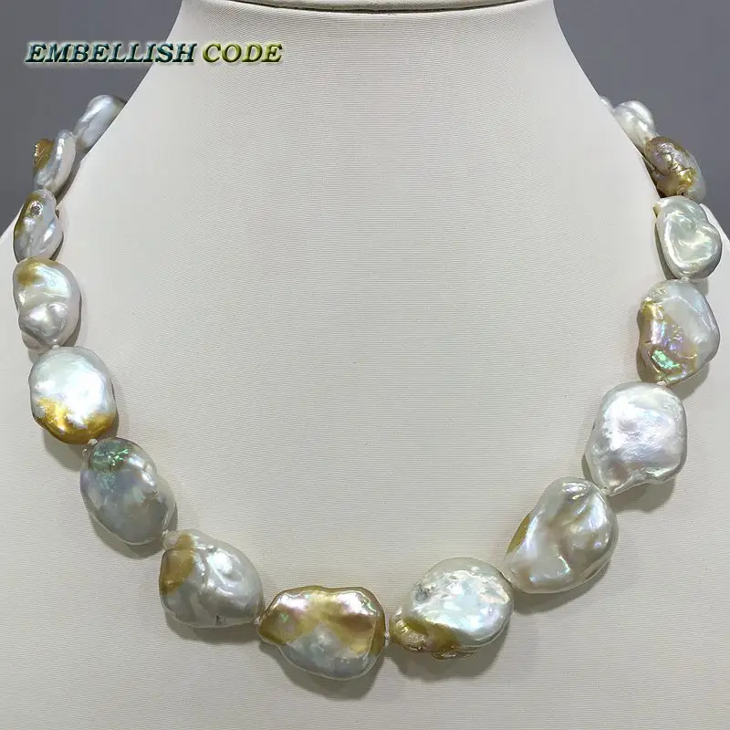 Unusual Irregular Pearl Necklace White Few Golden Color Good Gloss 3 ...