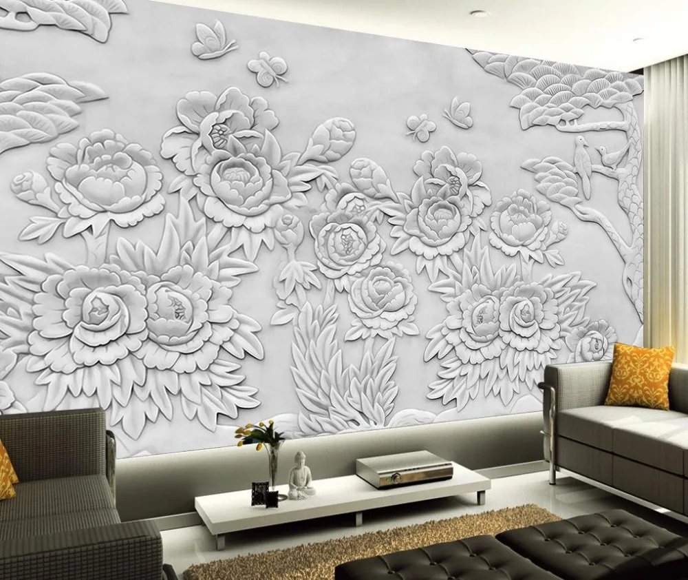 Custom 3d Wallpaper Peony Relief Mural Backdrop Flower Wallpaper Modern ...