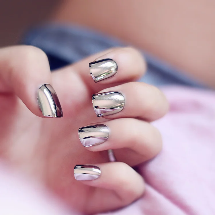Sexy False Metallic Nail Tips Acrylic Mirror Shine Surface Silver 24pcs