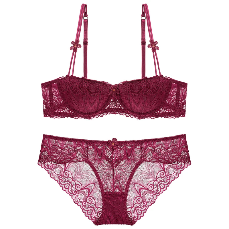 Ladychili Wome Intimate Lace Flora Embroidery Half Cup Bralette Set Red ...