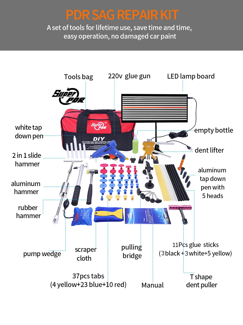 PDR Tools Paintless Dent Repair Tools Dent Removal car Kit LED ...