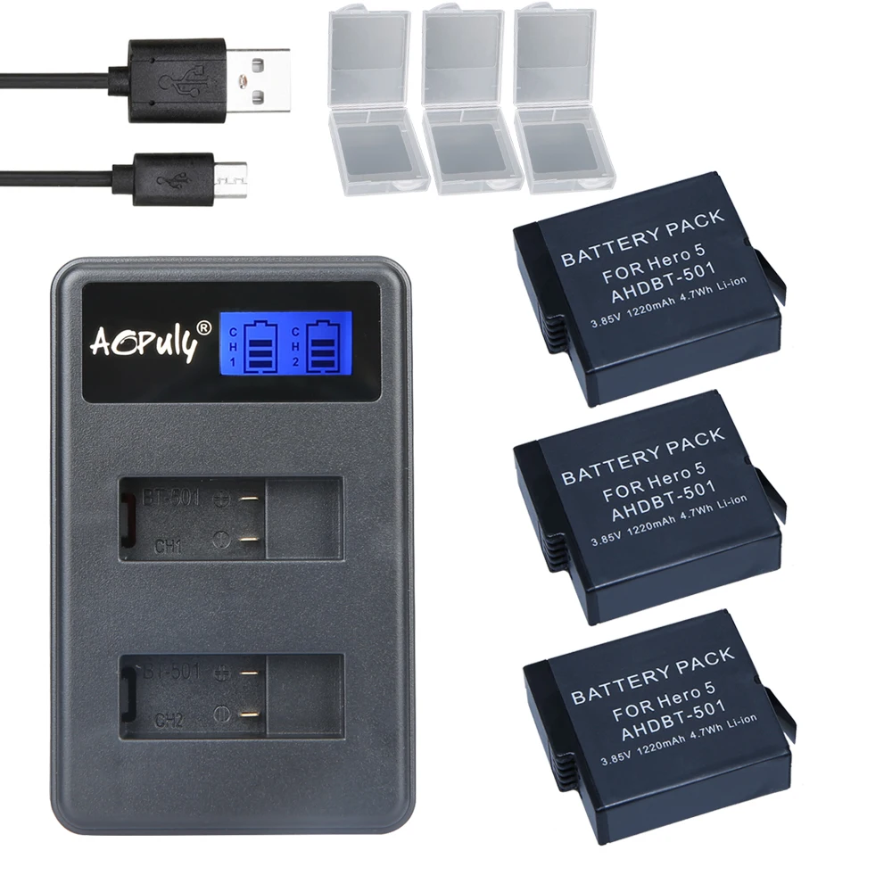 In stock, Gopro Hero 5 Battery Pack 3pcs 1220mAh AHDBT 501 and LCD Dual ...