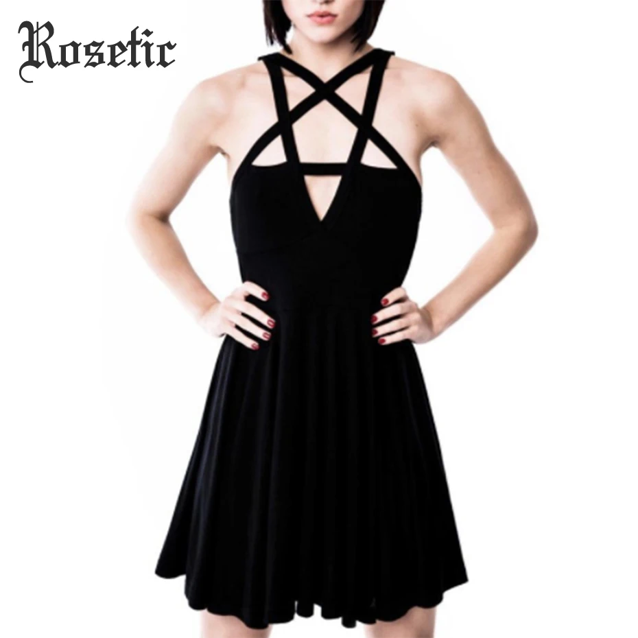 Rosetic Women Sexy Dress Black Pentagram Gothic Mini Dresses Spaghetti