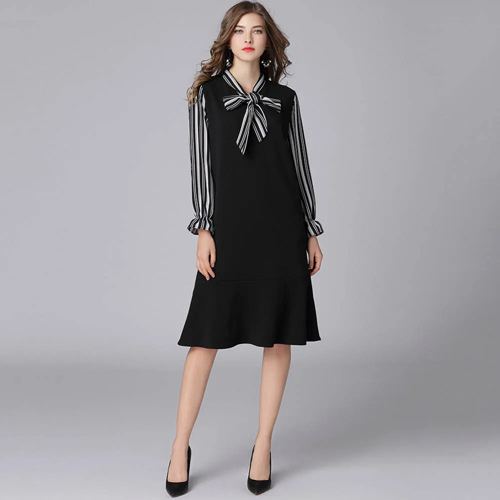Sisjuly Elegant Black White Striped Office Dress Spring Long Sleeves