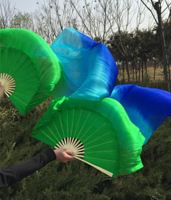 (2PC a Pair ) 100% Real silk belly dance fan veil green/blue(1.5m ...