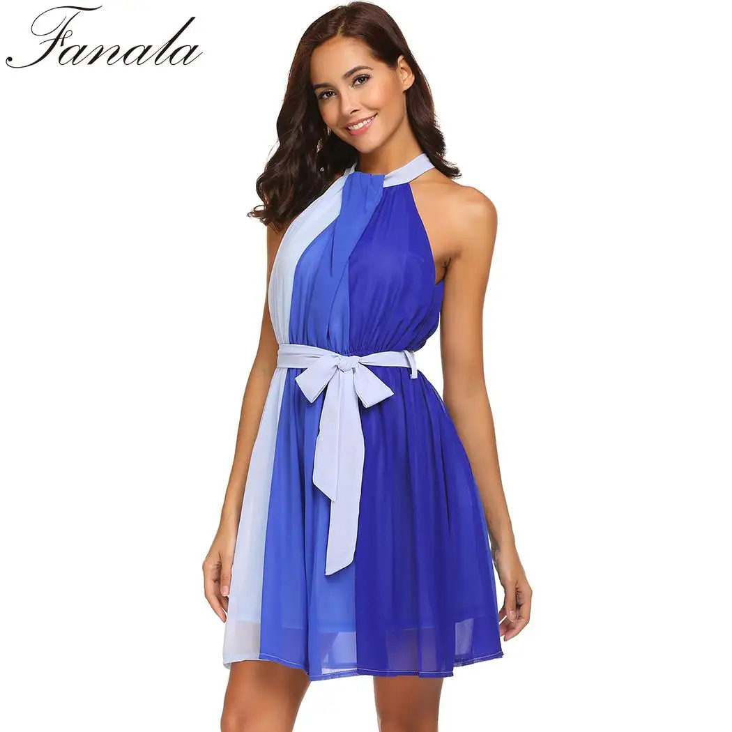 Sexy Women Halter Sleeveless Patchwork Party Chiffon Pleated Dress W