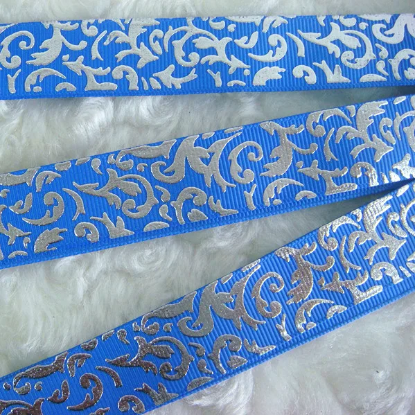 5 Yard 22mm Grosgrain Ribbon Printed Metallic Silver Leaf Swirl Motif ...