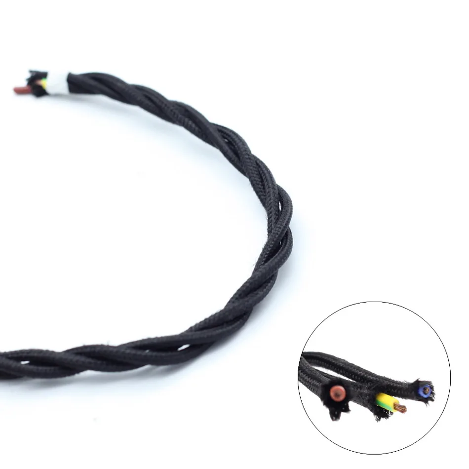 black three core twisted pair 2*0.75mm copper wire braided electrical ...