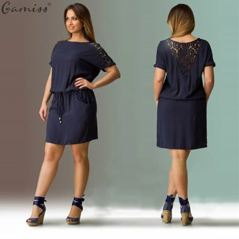 Gamiss 2017 Navy Summer Dress Plus Size Women Clothing Loose Lace Dress