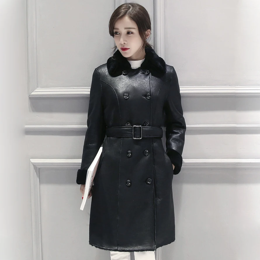 Fur one piece leather suede sheepskin coat women winter natural wool ...