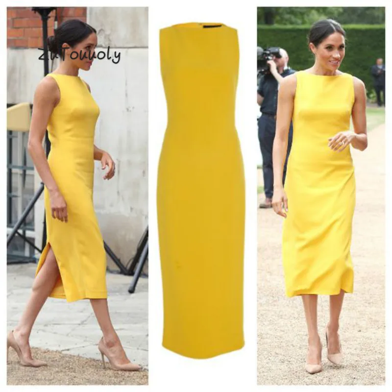 Sexy Short Yellow Evening Dress Column Sleeveless Midi Formal Prom ...