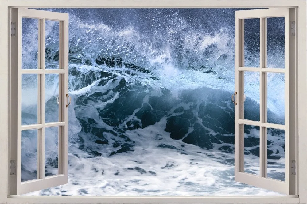 3d Effect Window View Wall Stickers Strong Sea Wave Vinyl Decal Decor ...