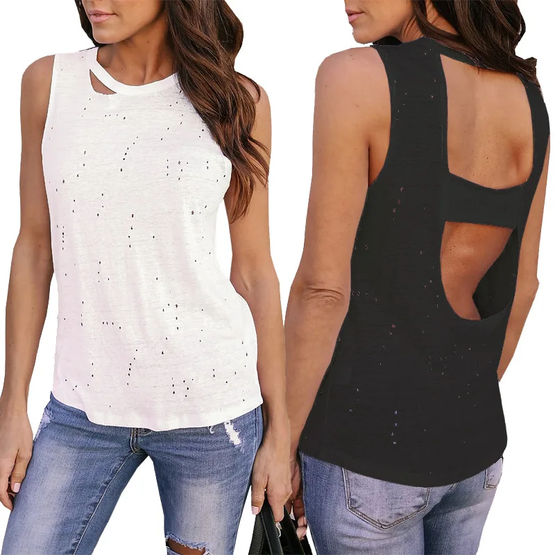 Women Hole Tank Top Streetwear Casual Round Neck Sleeveless T Shirt ...