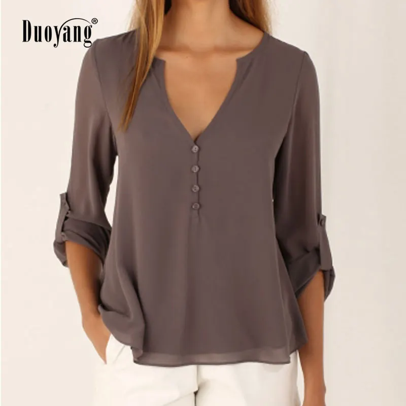 2017 Loose Casual Fall Blouses Women Long Sleeve Deep V Neck Chiffon ...