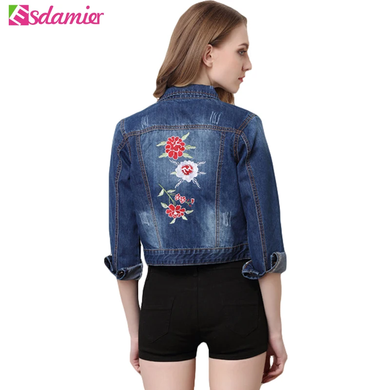 Fashion Back Embroidery Bomber Jacket Scratched Denim Jacket Coat Long ...