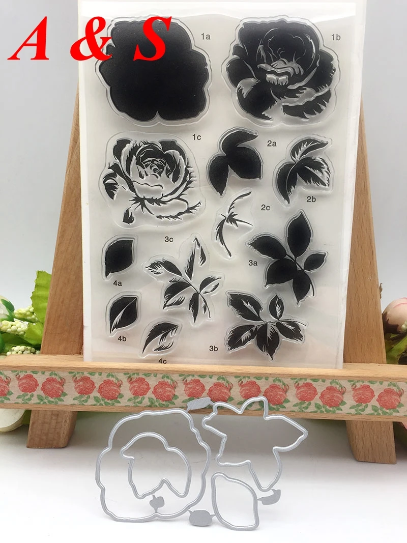 KC19 Rose Flower Leaf Metal Cutting Dies or Transparent Clear Stamp for ...