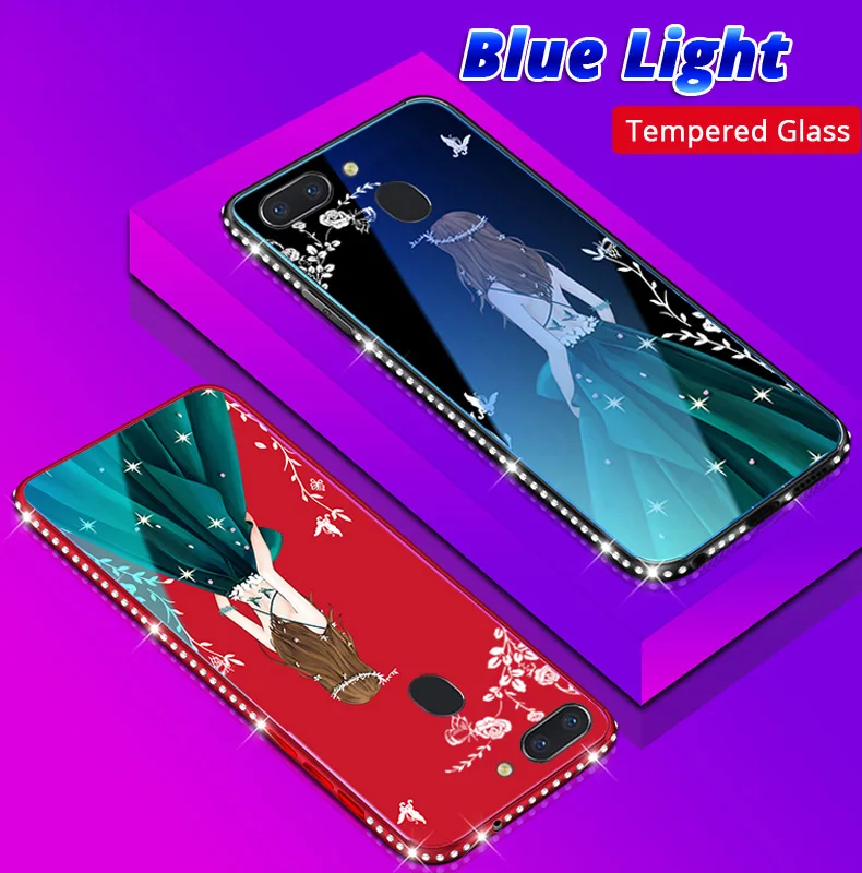 For OPPO A83 Case Blue Light Tempered Glass Rhinestone Back Cover For ...