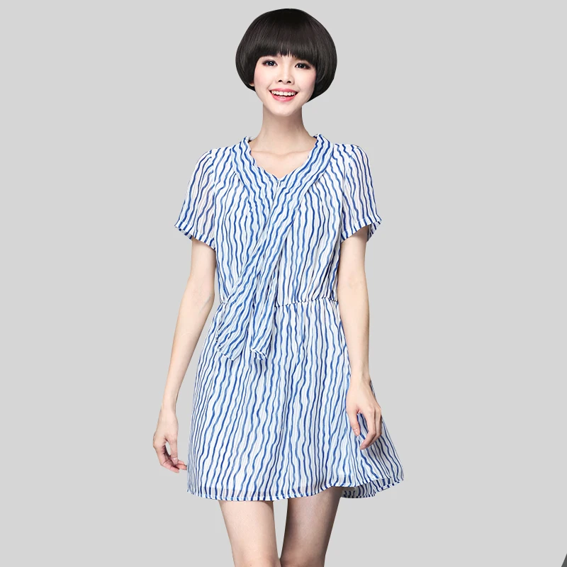 2018 Summer Women Dress Preppy Style Short Sleeve Striped Bow Dress ...