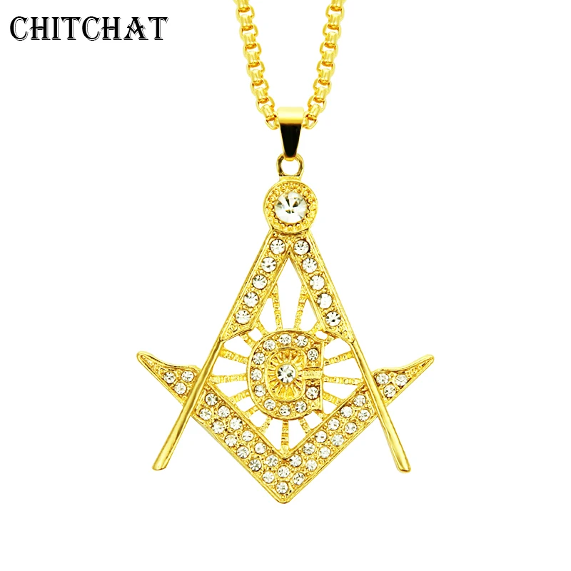 Iced Out Masonic Freemasonry Necklace Charm Bling Rhinestone Sand Blast ...