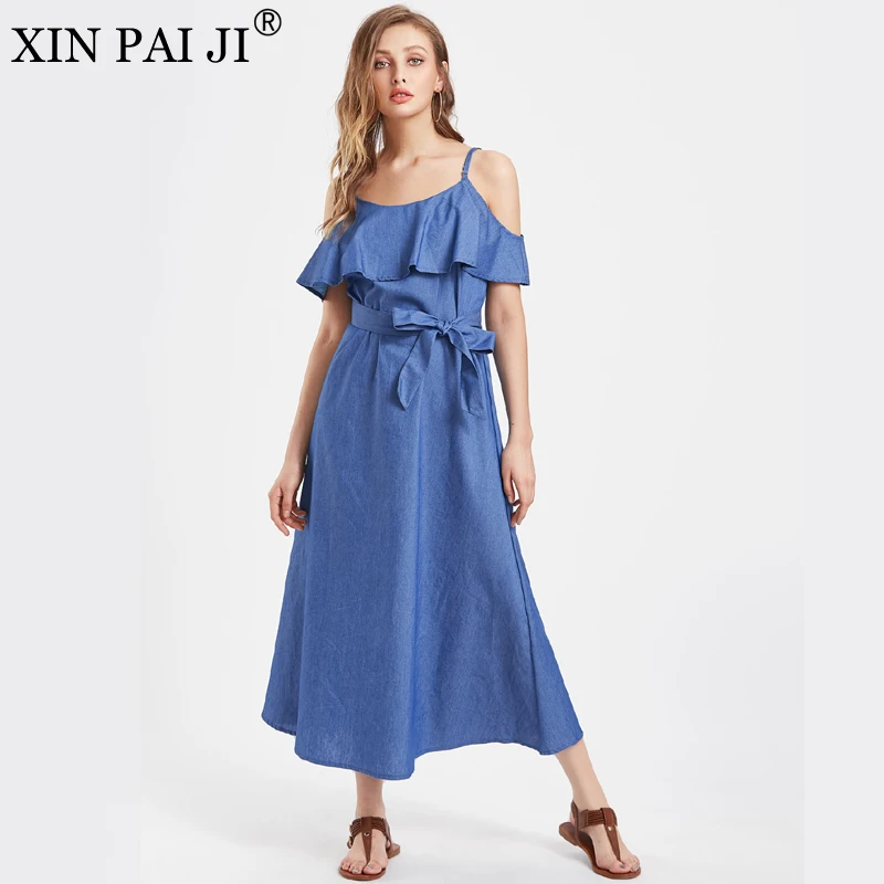 Blue Sundress Women 2018 Summer Beach Dress Ruffled V Neck Spaghetti ...