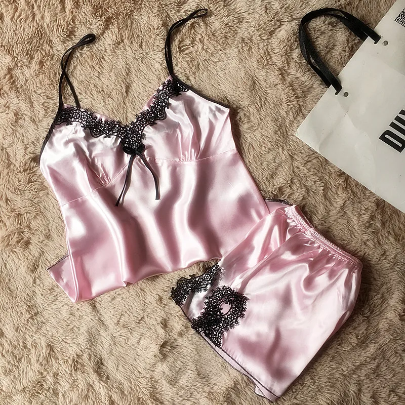 1819 Ladies Sexy Silk Satin Pajama Set Lace Pyjama Set Sleeveless